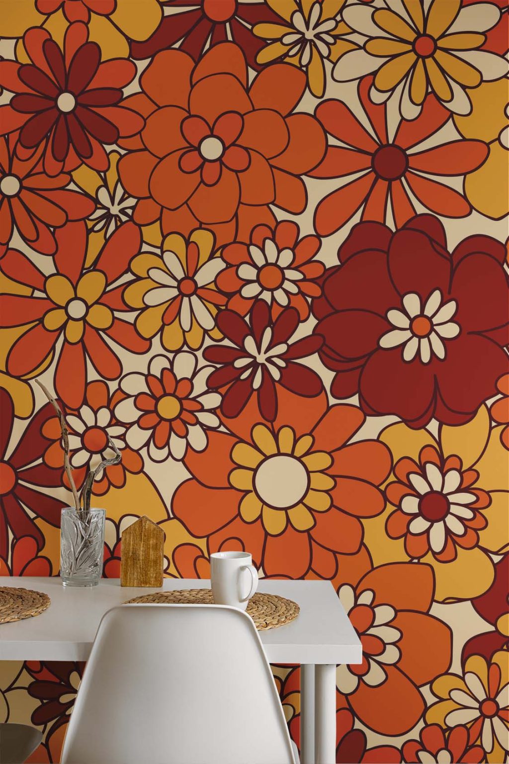 Retro Bloemenpracht Oranje-Bruin Behang Topkwaliteit en Uniek Design ...