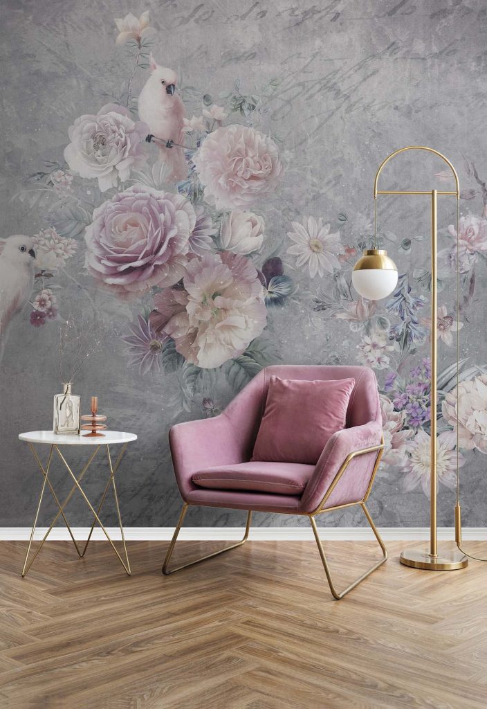 Grijs Bloemen Behang met Paarse Roos Topkwaliteit en Uniek Design ...